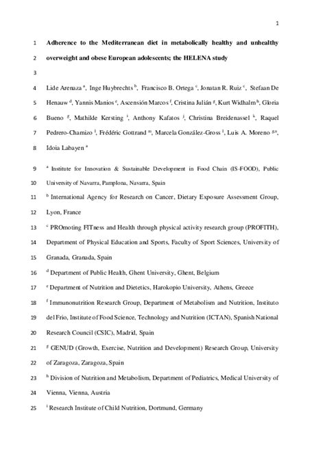 Pdf Adherence To The Mediterranean Diet In Metabolically Healthy And