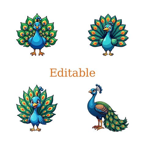 Colorful Cartoon Peacocks In A Grid Layout Customizable Digital Peacock Illustration With