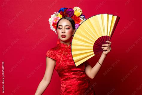 Beautiful Asian Woman Wearing Traditional Cheongsam Qipao Dress With