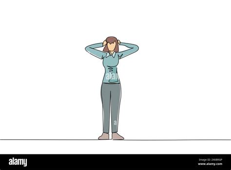 Single One Line Drawing Businesswoman Standing Straight Holding Head