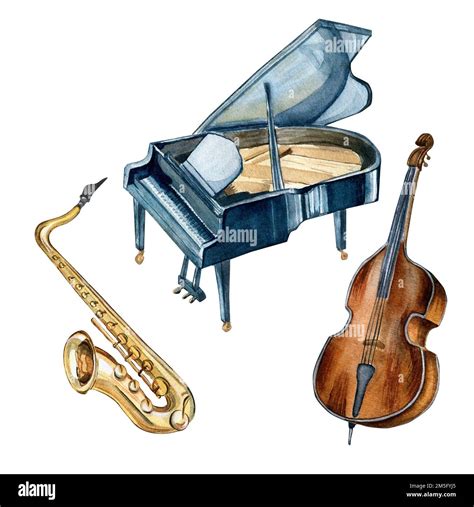 Set Of Grand Piano Saxophone Contrabass Musical Instruments