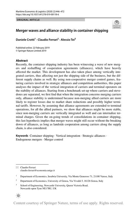 Merger Waves And Alliance Stability In Container Shipping Request PDF