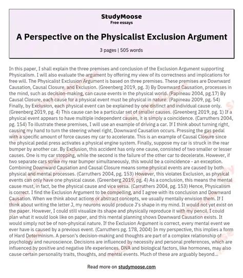 A Perspective On The Physicalist Exclusion Argument Free Essay Example