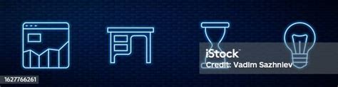 선 오래된 모래 시계 그래프 차트 인포 그래픽 사무실 책상 및 전구를 설정하십시오 벽돌 벽에 빛나는 네온 아이콘 벡터 가구에 대한 스톡 벡터 아트 및 기타 이미지 Istock
