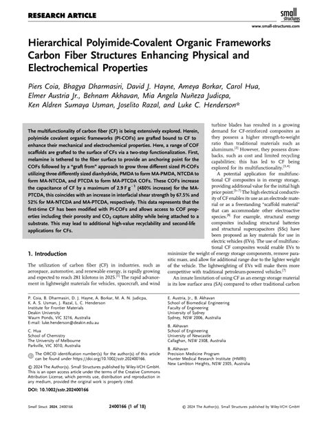 Pdf Hierarchical Polyimide‐covalent Organic Frameworks Carbon Fiber Structures Enhancing