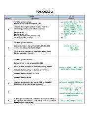 PDS Quiz Docx PDS QUIZ Marks Ques No Questions For The Given Array Demo Array Np Arange