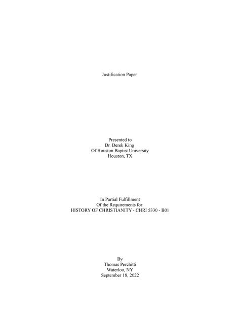 Justification Paper For Church Hx Justification Paper Presented To Dr