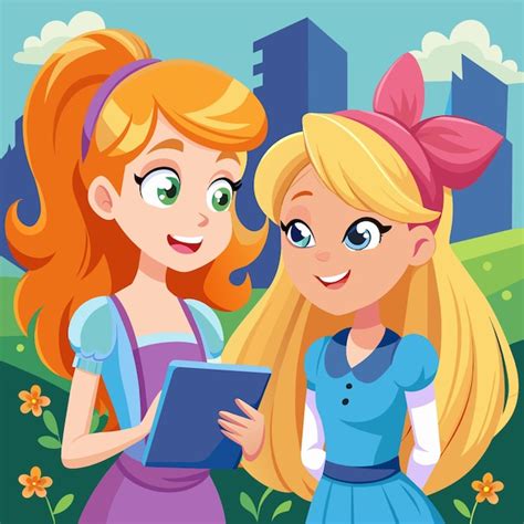Premium Vector A Cartoon Illustration Of Two Girls With A Tablet And