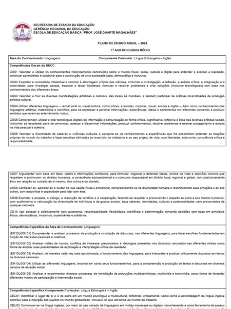 1o Ano 2024 Em Plano De Ensino Anual Inglês Juliana Simon