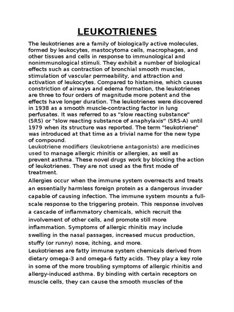 Leukotrienes Leukotriene Modifiers Leukotriene Antagonists Are