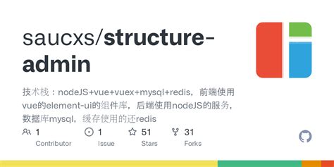 GitHub saucxs structure admin 技术栈nodeJS vue vuex mysql redis前端使用vue的element ui的组件库后端使用