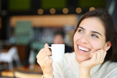 Happy Woman With Perfect Teeth Dreaming And Drinking Coffee Stock Image