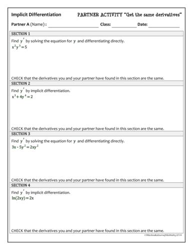 Implicit Differentiation Partner Activity Solutions Teaching