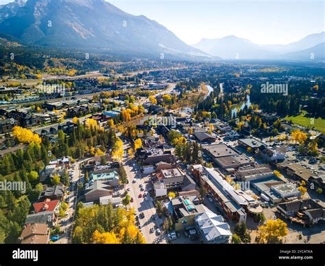 Aerial View Of Town Of Canmore Downtown Area In A Autumn Sunny Day