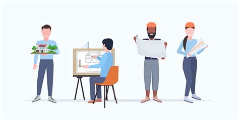 새로운 건물 프로젝트 산업 기술자 개념 전체 길이 수평 설계 청사진 하우스 모델 엔지니어와 함께 작업 헬멧에 건축가를 설정하고 혼합 경주 빌더 건설 산업에 대한 스톡 벡터