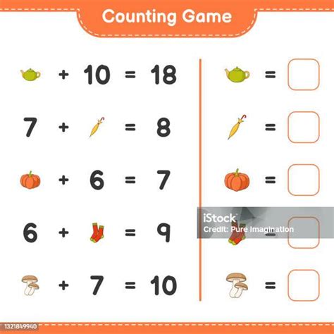 계산 게임 차 냄비의 수를 계산 우산 호박 양말 시타케와 결과를 작성합니다 교육 어린이 게임 인쇄 워크 시트 벡터 일러스트레이션 0명에 대한 스톡 벡터 아트 및 기타 이미지