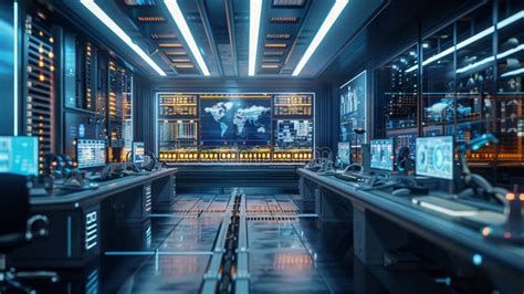 Automation Workshop Control Center with Multiple Screens Showing Real Time Data and Robot Status ...