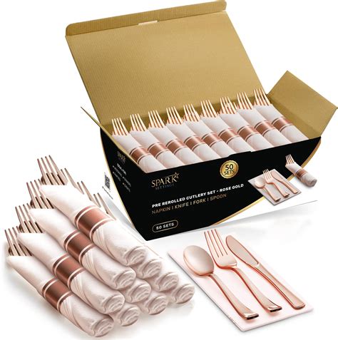 Amazon Rose Gold Plastic Silverware 50 Pre Rolled Napkin And Cutlery Set Elegant Wrapped