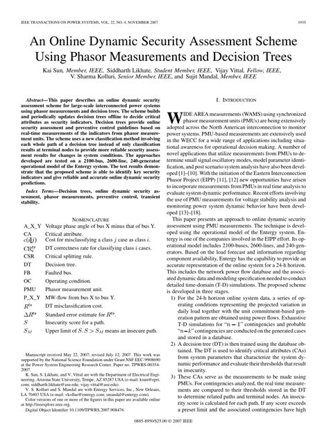 PDF An Online Dynamic Security Assessment Scheme Using Phasor Measurements And Decision Trees