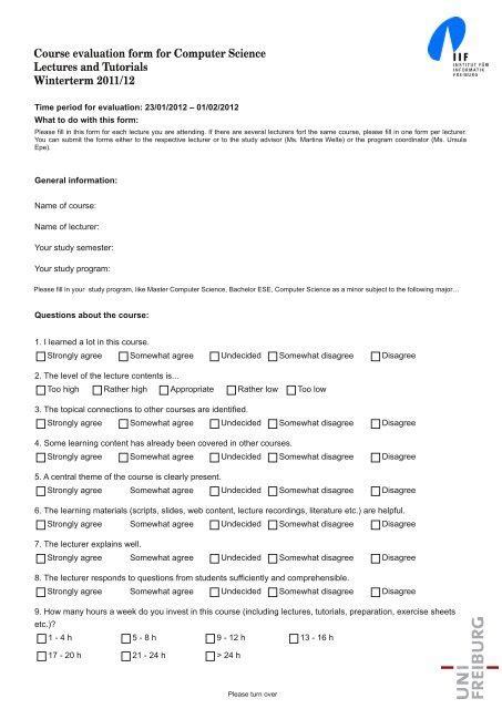 Course Evaluation Form For Computer Science Lectures And