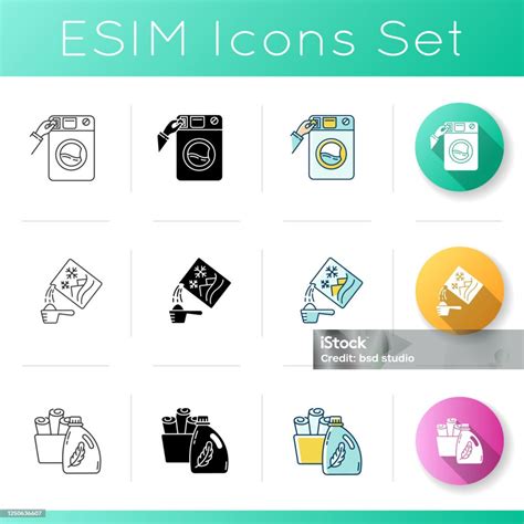 상업용 세탁 아이콘 세트 동전 세척 서비스 세탁기 세탁 세제 세제 세제 분말 및 직물 관리 에이전트 선형 검정 색 및 Rgb 색상 스타일 격리된 벡터 그림 0명에 대한 스톡