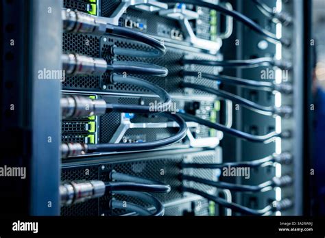 Close Up Of A Data Center And Processing Unit With Cables And