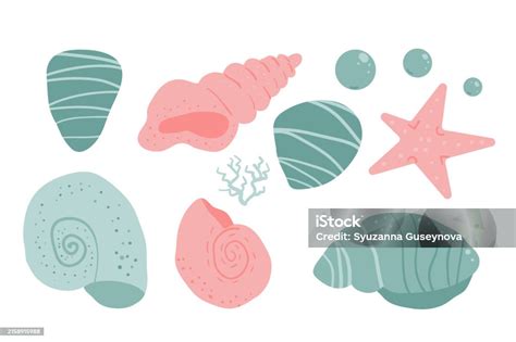 다양한 조개껍데기 불가사리 산호 부드러운 파스텔 톤의 조약돌을 연상시키는 둥근 모양으로 설정된 고요한 수중 세트 벡터 손으로
