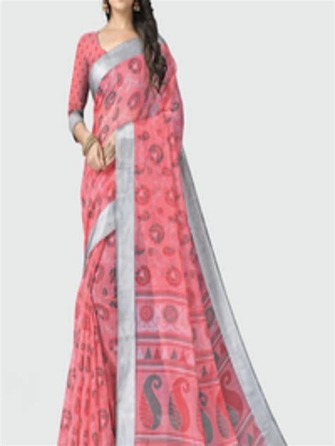 Buy Kalini Peach And Grey Floral Printed Pure Cotton Saree With