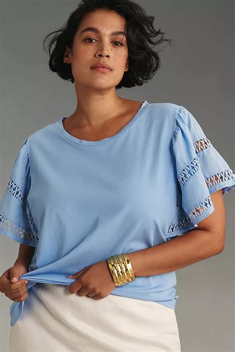 Self Contrast Flutter Sleeve Cutwork Top Anthropologie