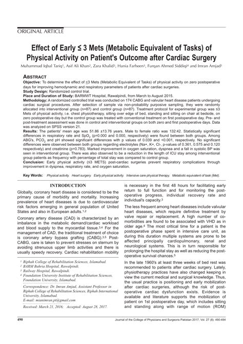 Pdf Effect Of Early ≤ 3 Mets Metabolic Equivalent Of Tasks Of
