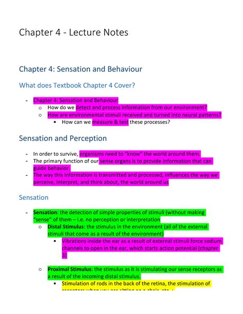 Chapter 4 Lecture Notes Chapter 4 Sensation And Behaviour What