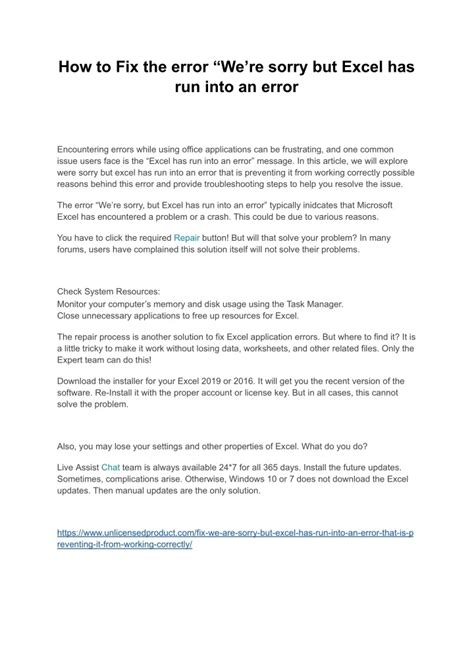 Ppt How To Fix The Error Were Sorry But Excel Has Run Into An Error Powerpoint Presentation