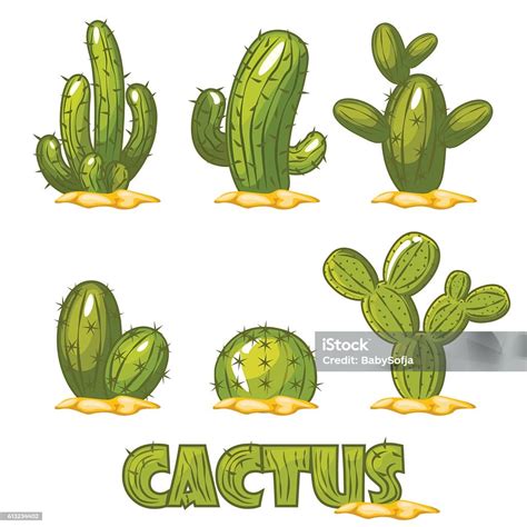 멕시코 선인장 세트 만화 멕시코 사막 선인장 식물의 재미있는 세트 선인장에 대한 스톡 벡터 아트 및 기타 이미지 선인장 개체 그룹 건조한 Istock