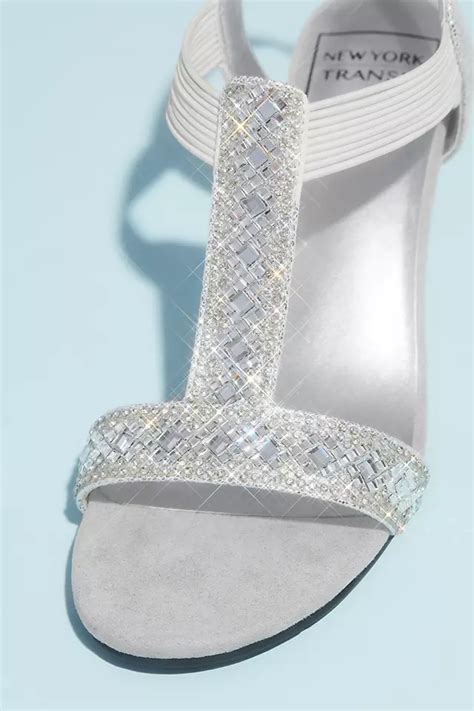 Crystal Pull On Metallic T Strap Wedge Sandals Davids Bridal