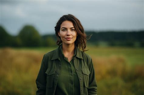 Premium Ai Image Portrait Of A Smiling Woman In A Green Jacket Standing Outdoors Generative By Ai