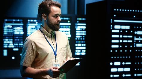 premium photo developer in server room walking through data hardware