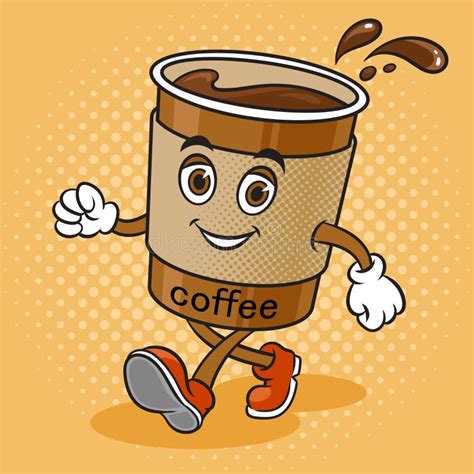 Cartoon Walking Coffee Cup Comic Pop Art Raster Stock Illustration