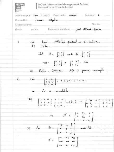 1st linear algebra exam correction pdf