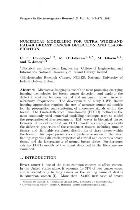Pdf Numerical Modelling For Ultra Wideband Radar Breast Cancer