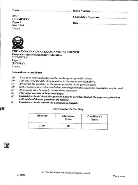 2016 Kcse Chemistry Pp1 Pdf