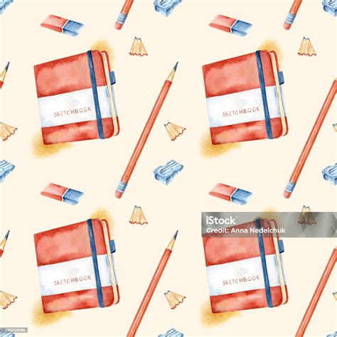 신학기 완벽 한 패턴입니다 학용품과 창의적인 요소가 있는 손으로 그린 배경 연필 깎기 지우개 메모장 스케치북 수채화 그림 0명에 대한 스톡 벡터 아트 및 기타 이미지