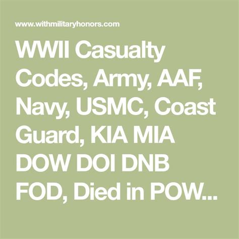 Wwii Casualty Codes Army Aaf Navy Usmc Coast Guard Kia Mia Dow