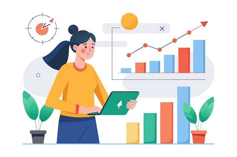 premium vector woman examining data on tablet while looking at a bar