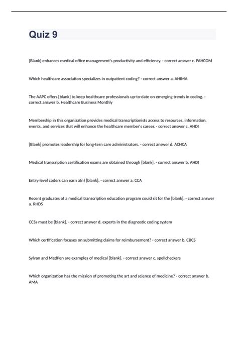Quiz 9 Questions With Complete Solution 2023 Ahima Certification Stuvia Us