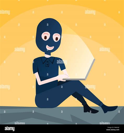 Woman Black Mask Sitting At Computer Hacker Activity Concept On Yellow