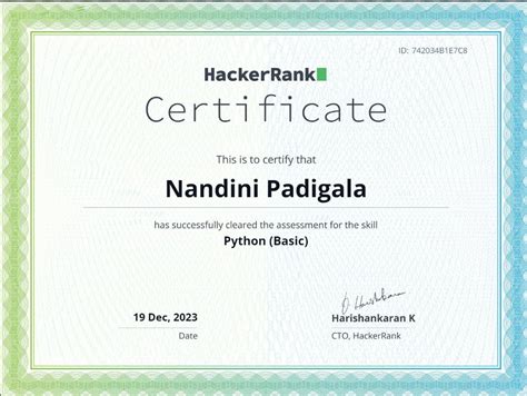 Earned Python Basic Certificate From Hackerrank Nandini Padigala
