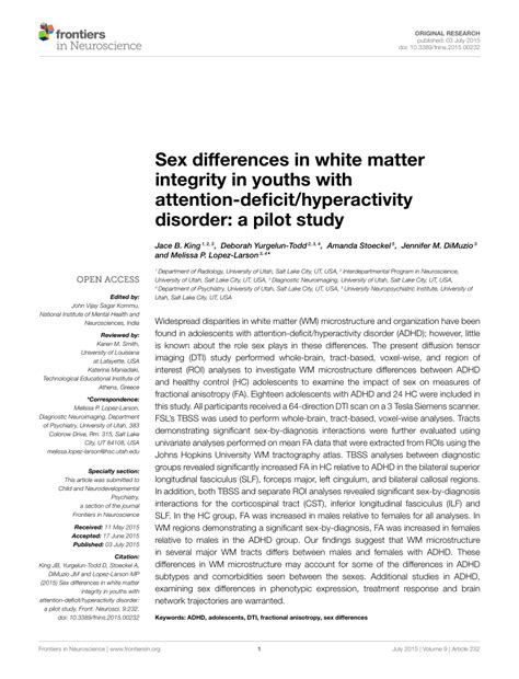 Pdf Sex Differences In White Matter Integrity In Youths With