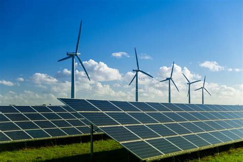 Wind Turbine And Solar Panels Energy Generators On Wind Farm Stock
