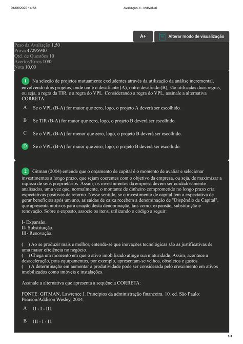 Avaliação II Individual Gestão financeira Prova Impressa GABARITO