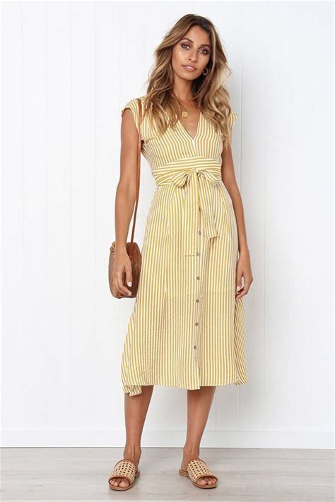 Vertical Striped Dress With Short Sleeve And V Neck